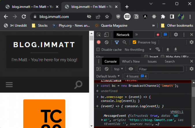 TIL: Browser window/tab/frame/iframe intercommunication via BroadcastChannel Web API – blog.immatt